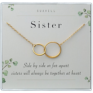 Suavell Sister Necklace - Sterling Silver Interlocking Double Circle Necklace - Birthday Gift for My Big or Little Sister - Sister Gifts for 2 - Maid of Honor Gifts From the Bride - 18k Gold Plating