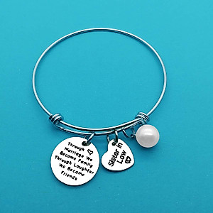 Nekoki for Sister in Law Gifts Through Marriage We Became Family Through Laughter We Became Friends Bangle Bracelet Wedding Gifts Mothers Day Christmas Birthday Gifts for Sister in Law