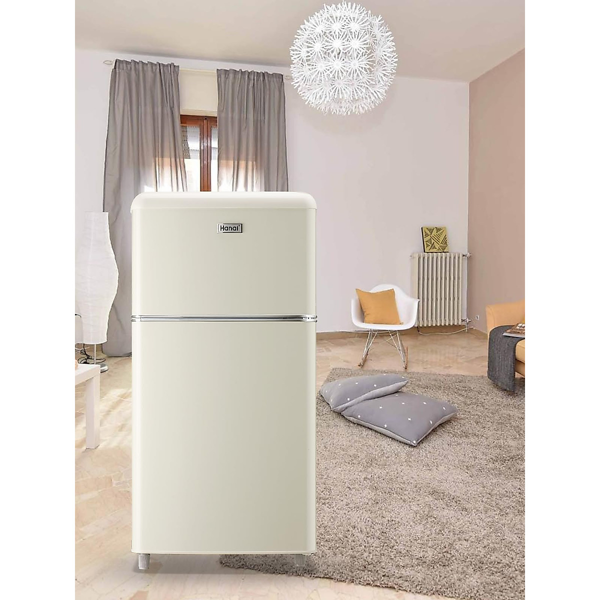 WANAI Compact Refrigerator 3.5 Cu.Ft Retro Mini Fridge With Freezer 2 Door Mini Refrigerator with 7 TEMP Modes, Removable Shelves, LED Lights, Ideal for Apartment Camper Dorm and Office, Cream