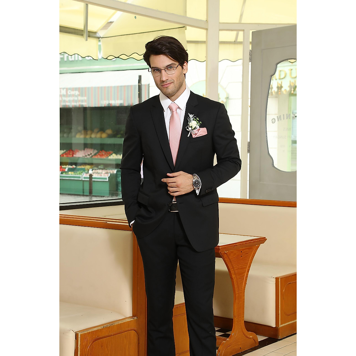 HISDERN Mens Blush Pink Ties for Men Business Wedding Rose Gold Woven Silk Ties and Pocket Square with Neckties Clip Set Formal Solid Stain Tie