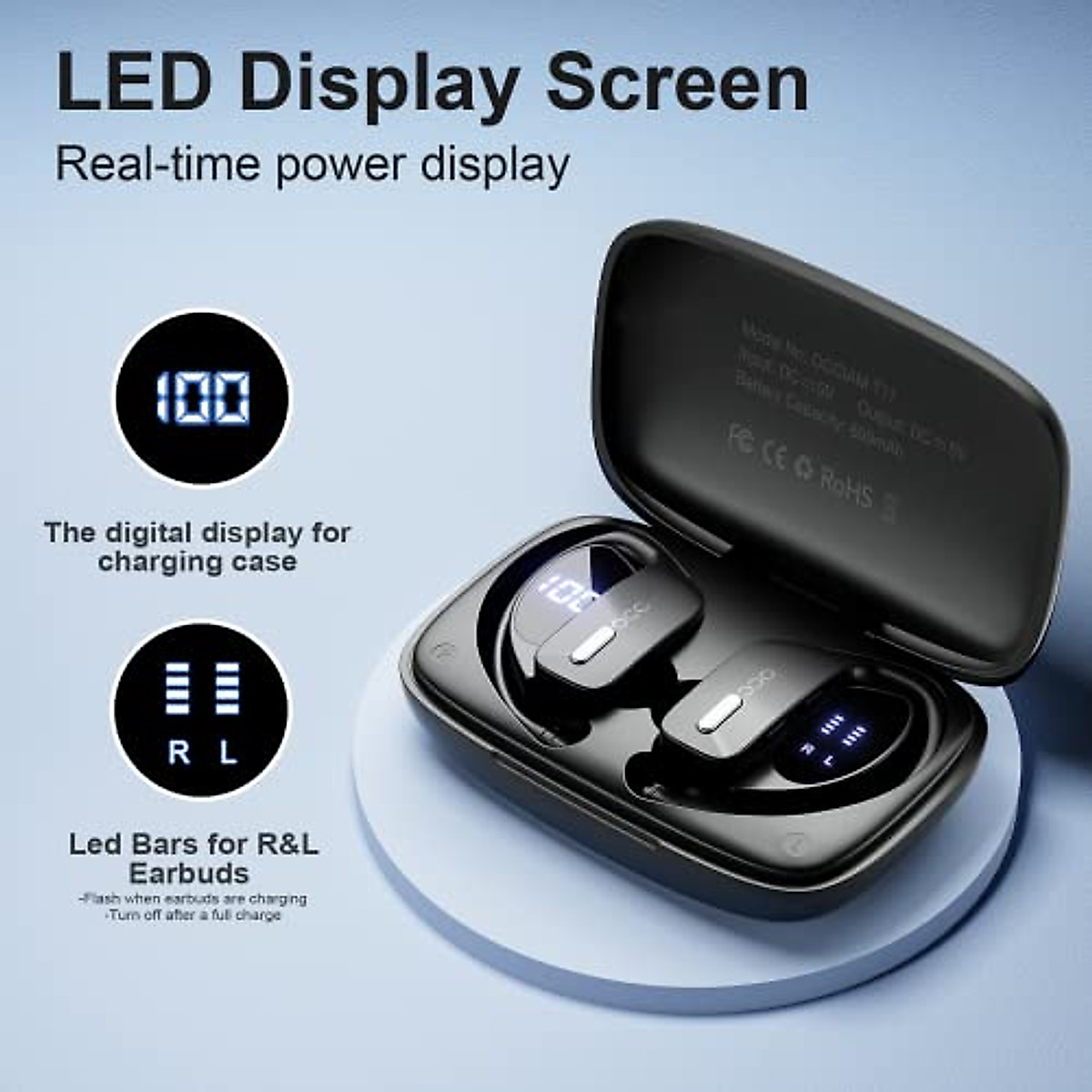 occiam Wireless Earbuds Bluetooth Headphones 48hrs Playback Sport Earphones with LED Display Over Ear Earbuds with Ear Hook Built-in Mic Headset for Workout Black