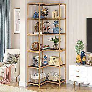 Tribesigns 6-Shelf Corner Bookshelf, 70.9" Tall L-Shaped Corner Bookcase Large Etagere Book Shelving Unit Corner Shelves Stand Storage Display Rack with Metal Frame for Living Room Office, Black Gold