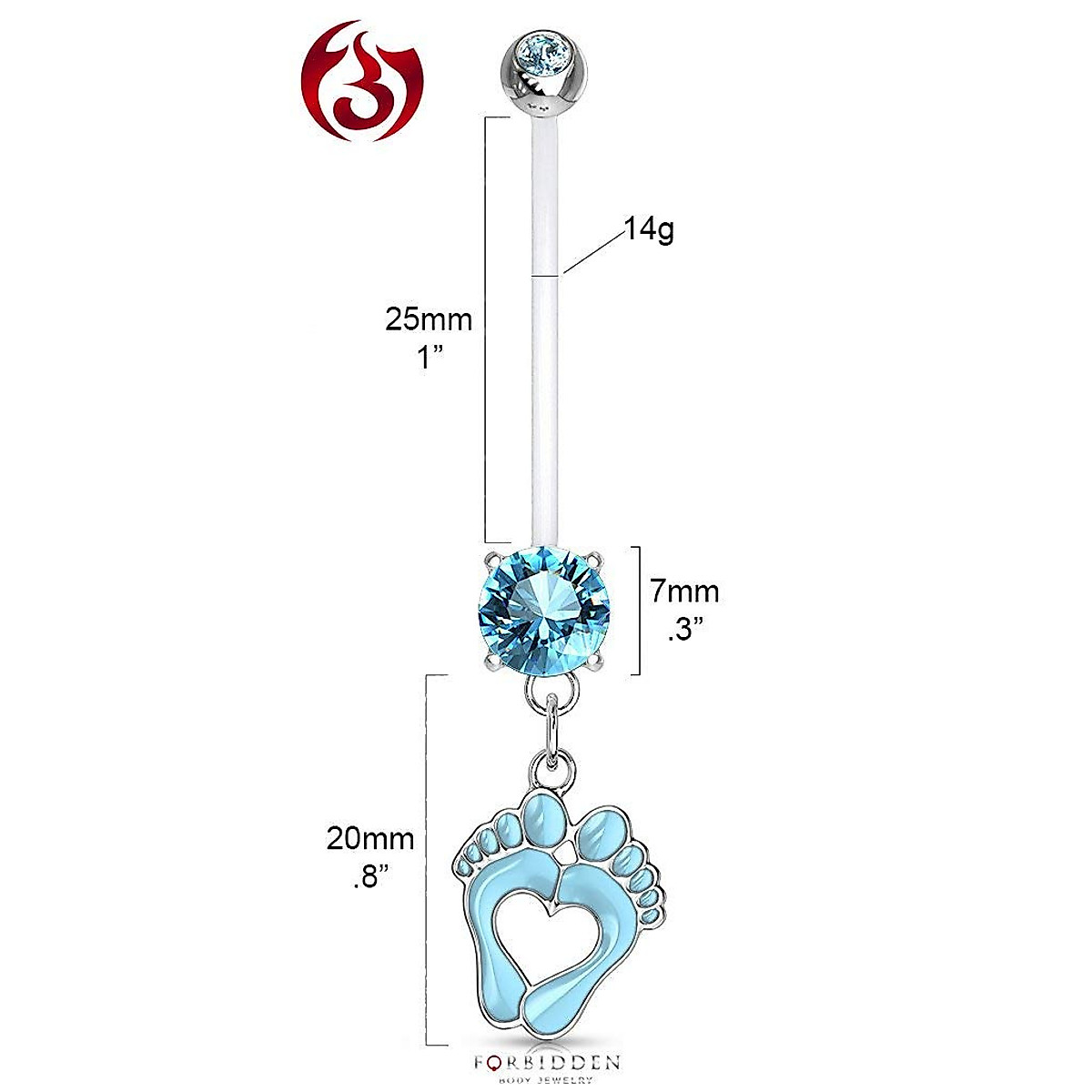 Forbidden Body Jewelry 14G 1" Pregnancy Bioflex Adjustable & Flexible Dangle Baby Feet CZ Maternity Belly Ring, Aqua (1pc)
