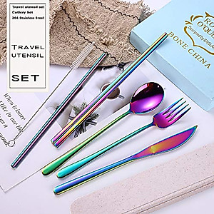 AARAINBOW 6 Pieces 18/8 Stainless Steel Flatware Set Portable Reusable Cutlery Set Travel Utensils Set Including Chopsticks Knife Fork Spoon Straws Cleaning Brush Dishwasher Safe (Multicolored)