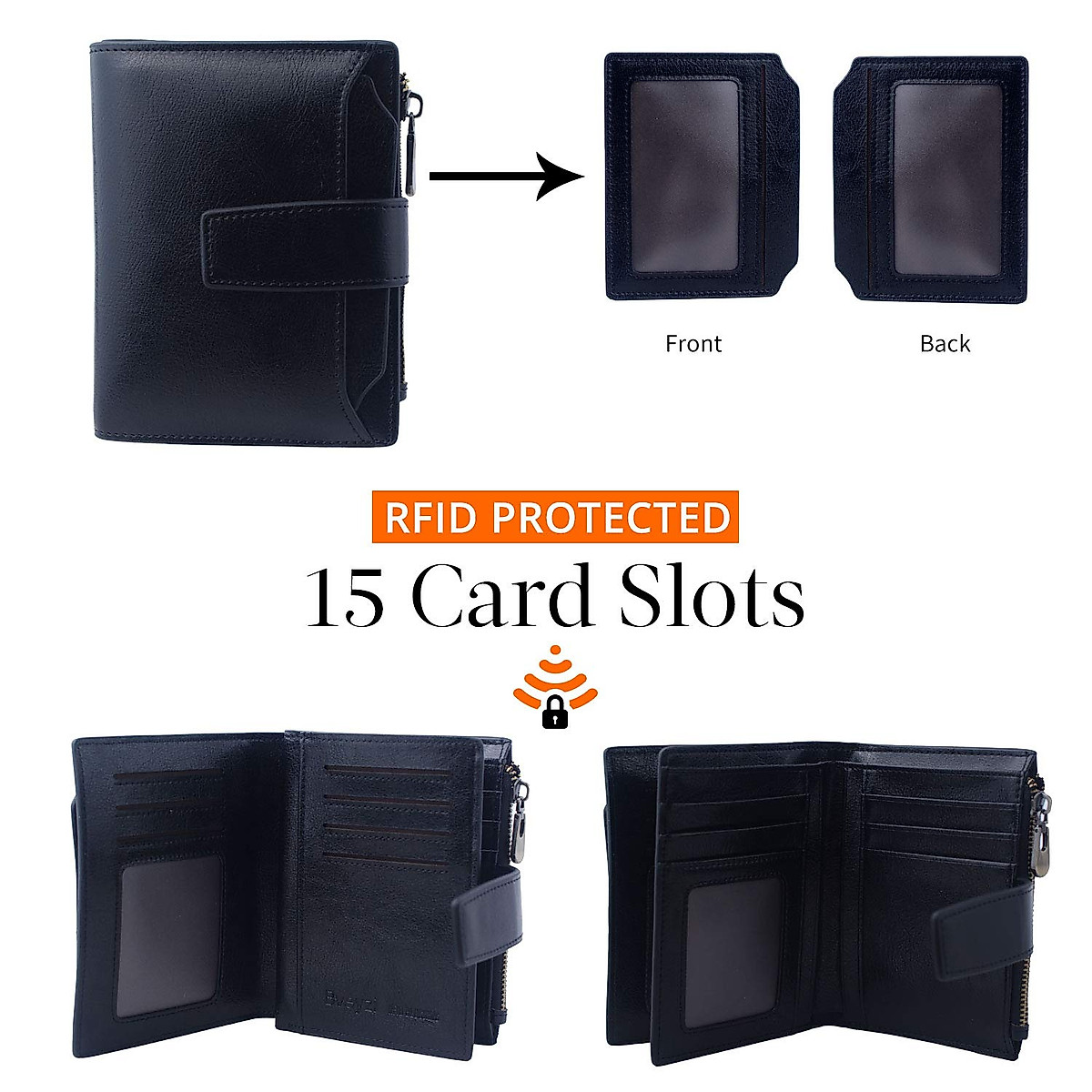 Bveyzi Women's Small Leather RFID Blocking Bifold Zipper Pocket Wallet Ladies Credit Card Slots Purse with id Window(Black)