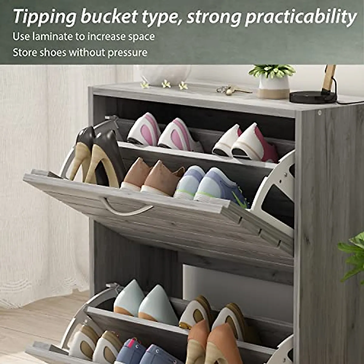 FUFU&GAGA Shoe Cabinet with 2 Flip Drawers for Entryway, Modern, Freestanding Rack Storage Organizer (22.4”W x 9.4”D x 29.5”H) (Light Grey)