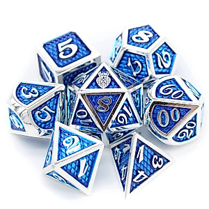 HEIMDALLR Metal DND Dice Set 7 pcs - Dragonhide Design, 16mm Size, Logo on D20; Metal Dice Set & Dice Box; D&D Dice Set D&D (Dungeons and Dragons Dice Set) - Jormungandr Series (Frosteater)