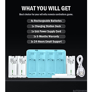 4-Ports Charging Station for Wii Remote Controller Battery, 4pcs Rechargeable Batteries for Wii WiiU Game Controller