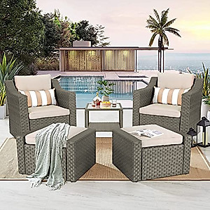 SOLAURA 5 Piece Patio Conversation Set Outdoor Furniture Set, Grey Wicker Lounge Chair with Ottoman Footrest, W/Coffee Table & Cushions (Beige) for Garden, Patio, Balcony, Deck