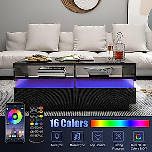 HOMFAMILIA Modern LED Coffee Table w/ 2 Big Storage Drawers,High Glossy 2-Tier Black Coffee Table w/ 60000-Color LED Lights,App Control,Rectangle Center Table w/Open Shelf for Living Room Bedroom