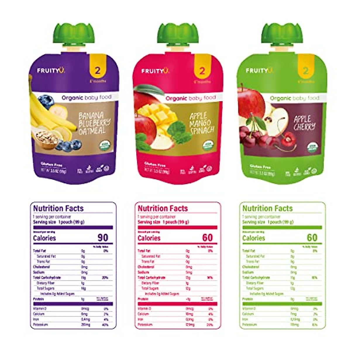 FruityU Organics Baby Food Stage 2 Variety Pack - Banana Blueberry Oatmeal, Apple Mango Spinach, Apple Cherry 3.5 ounce pouch (Pack of 12)