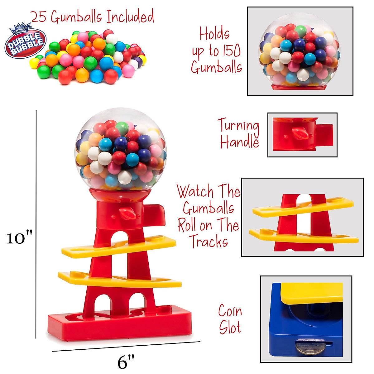 Tower Gumball Machine for Kids - 10" Gum Machine Toy Bank - Candy Machine Dispenser Includes 25 Dubble Bubble Gum Balls - Candy Dispenser Machine Christmas Gift Toys for Girls and Boys - Playo (Blue)