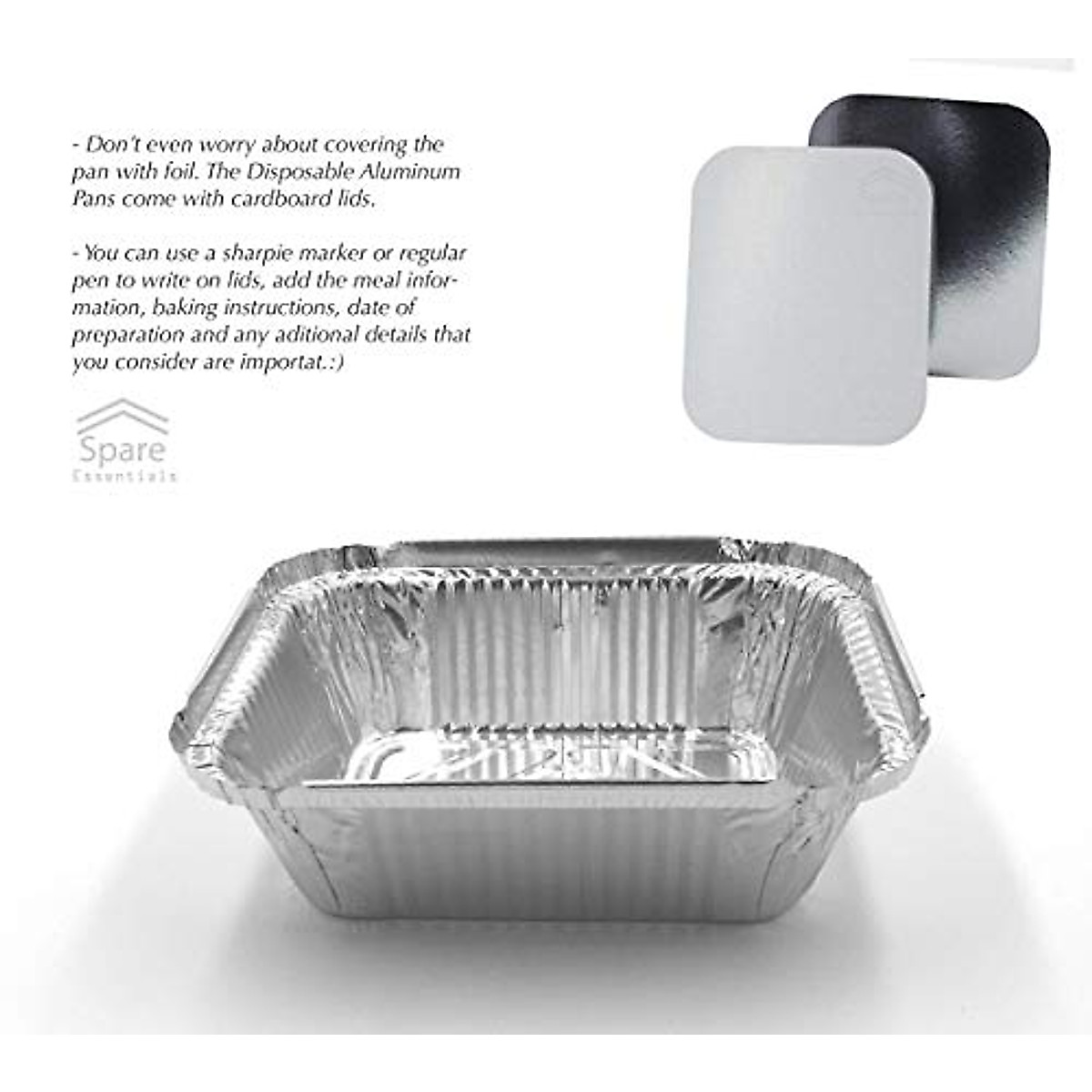 Spare Essentials 55 Pack - Aluminum Pan/Containers with Lids/Foil Containers/Aluminum Pans with Lids/Take Out Containers/Disposable Pans/Aluminum Foil Food Containers/Freezer meals containers (1 LB)