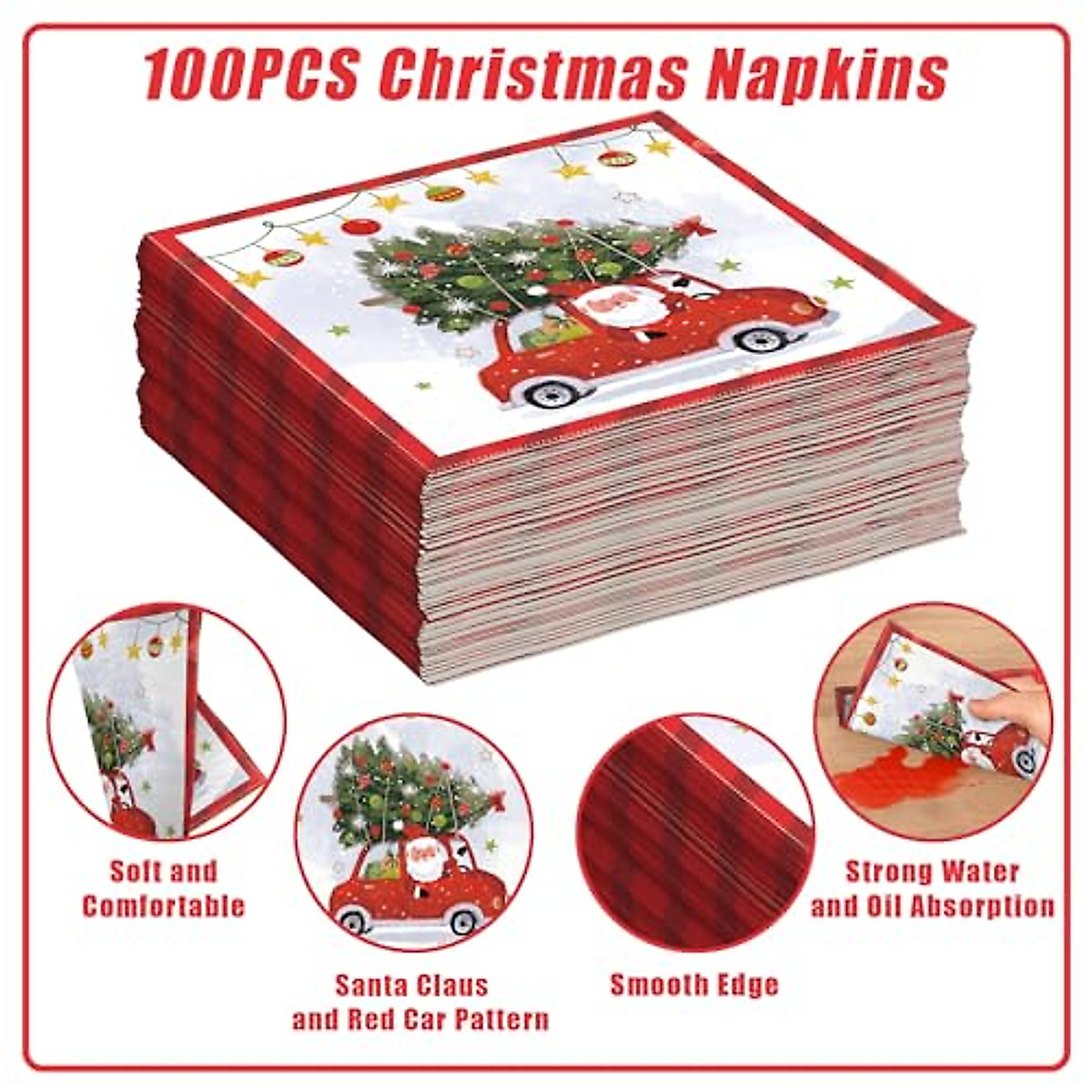 Homlouue 200 Pcs Christmas Paper Plates and Napkins, Santa Claus Car Red and White Plates and Napkins Disposable, Christmas Dinner Serves 50 Guests, Party Table Decorations