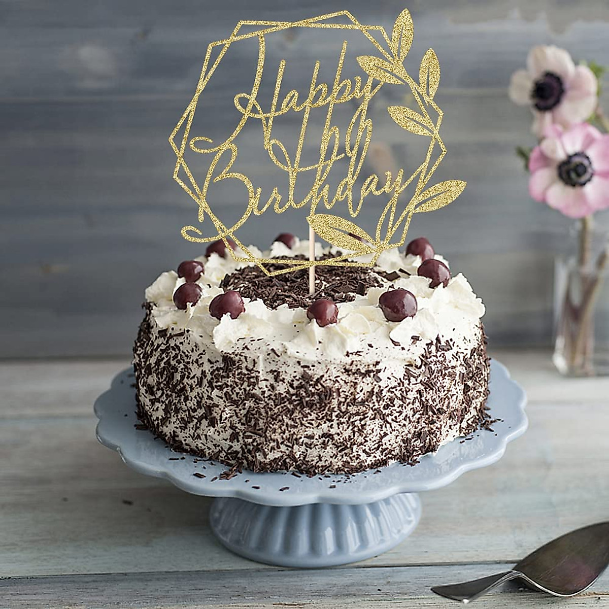 Sodasos Gold Glitter Happy Birthday Cake Topper，with leaves Glitter Birthday Party Decoration Supplie Cake Sign Party，For Man Woman Birthday Party Decoration (golden)