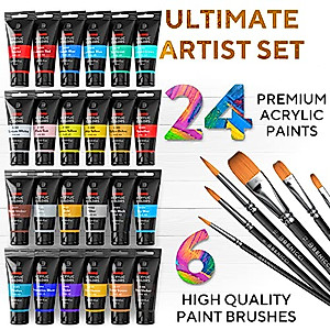 Premium Quality Acrylic Paint Set 24 Colors - 1.28oz (38ml) - with 6 Nylon Brushes - Safe for Kids & Adults - Perfect Kit for Beginners, Pros & Artists to Create Amazing Paintings and Artwork