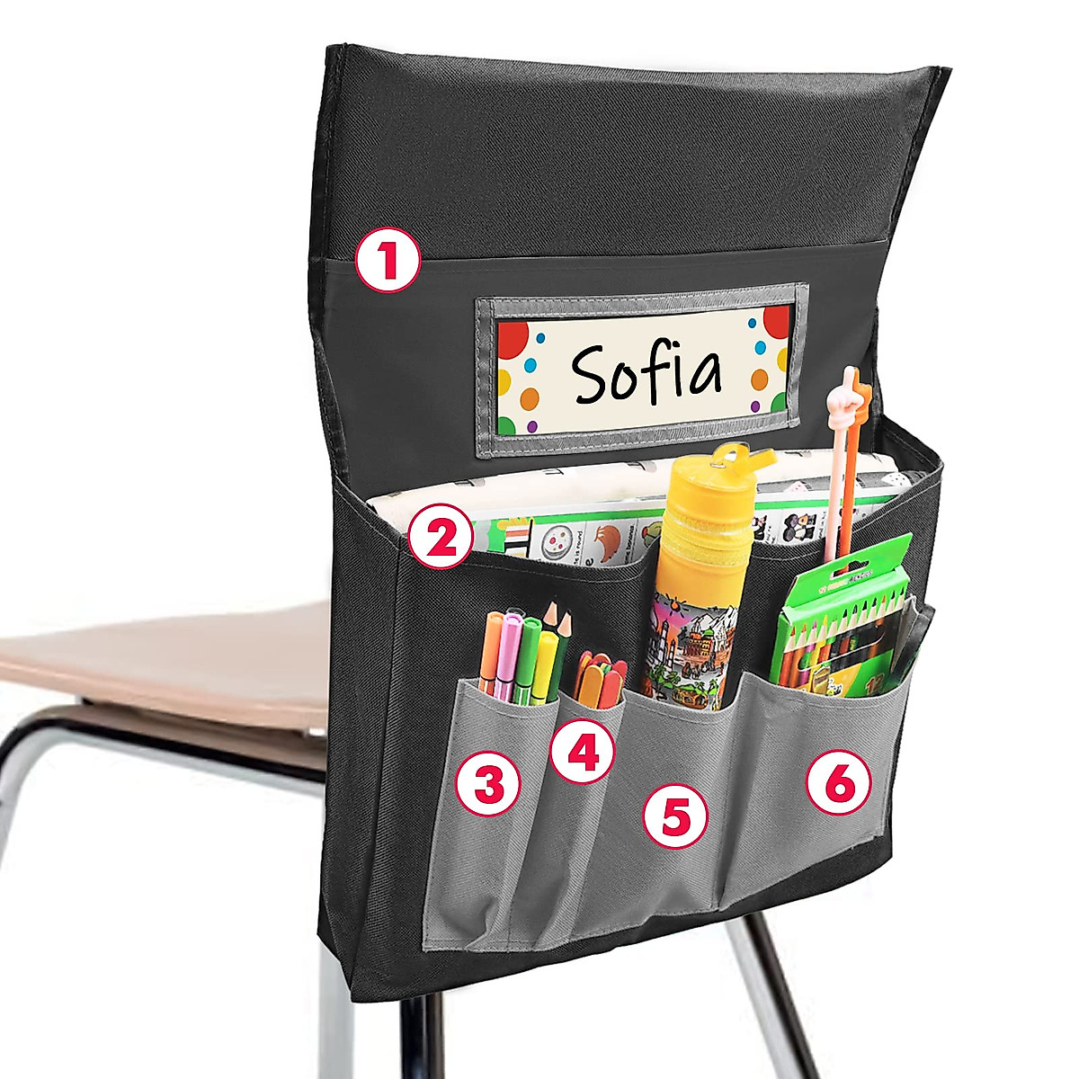 AUVCAS Black Chair Back Pocket School Seat Chair Storage Pocket Organizer with Label Slot Multiple Pockets for School Home Classroom Preschool Daycare