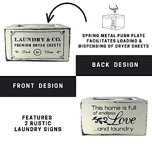 Adore Galore Decor Dryer Sheet Dispenser – Neat Wood Dryer Sheet Holder for Fabric Softener Sheets with Metal Dispensing Push Plate and 2 Laundry Signs - Farmhouse Laundry Room Decor (Ivory)