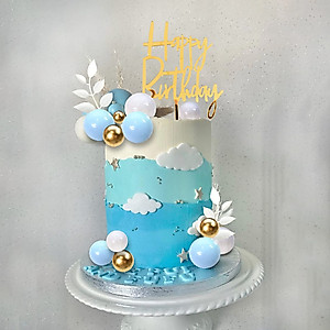 Blue Balls Cake Topper Boho Grass Cake topper Blue White Gold Pearl Balls Happy Birthday Cake Decorations for Wedding Baby Shower Birthday Boho Themed Party Supplies (Blue)