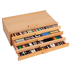 Creative Mark Pastel Storage Box, 4 Drawer Wood Art Box with Foam Lining, Sturdy & Stackable for Pastels, Artist Tools, Pens, Pencils, Paintbrushes & Makeup Brushes, Natural Finish