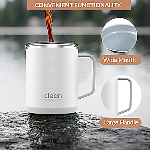 The Clean Hydration Company Insulated Coffee tumbler | Travel coffee mug | Ceramic Lined Tumbler | Iced Coffee Tumbler Cup with Lid | Double Wall Vacuum (White, Mug 12oz)