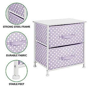 mDesign Small Storage Dresser End/Side Table Night Stand with 2 Removable Fabric Drawers - Organizer for Baby, Kid, and Teen Bedroom, Nursery, Playroom, or Dorm - Light Purple/White Polka Dot