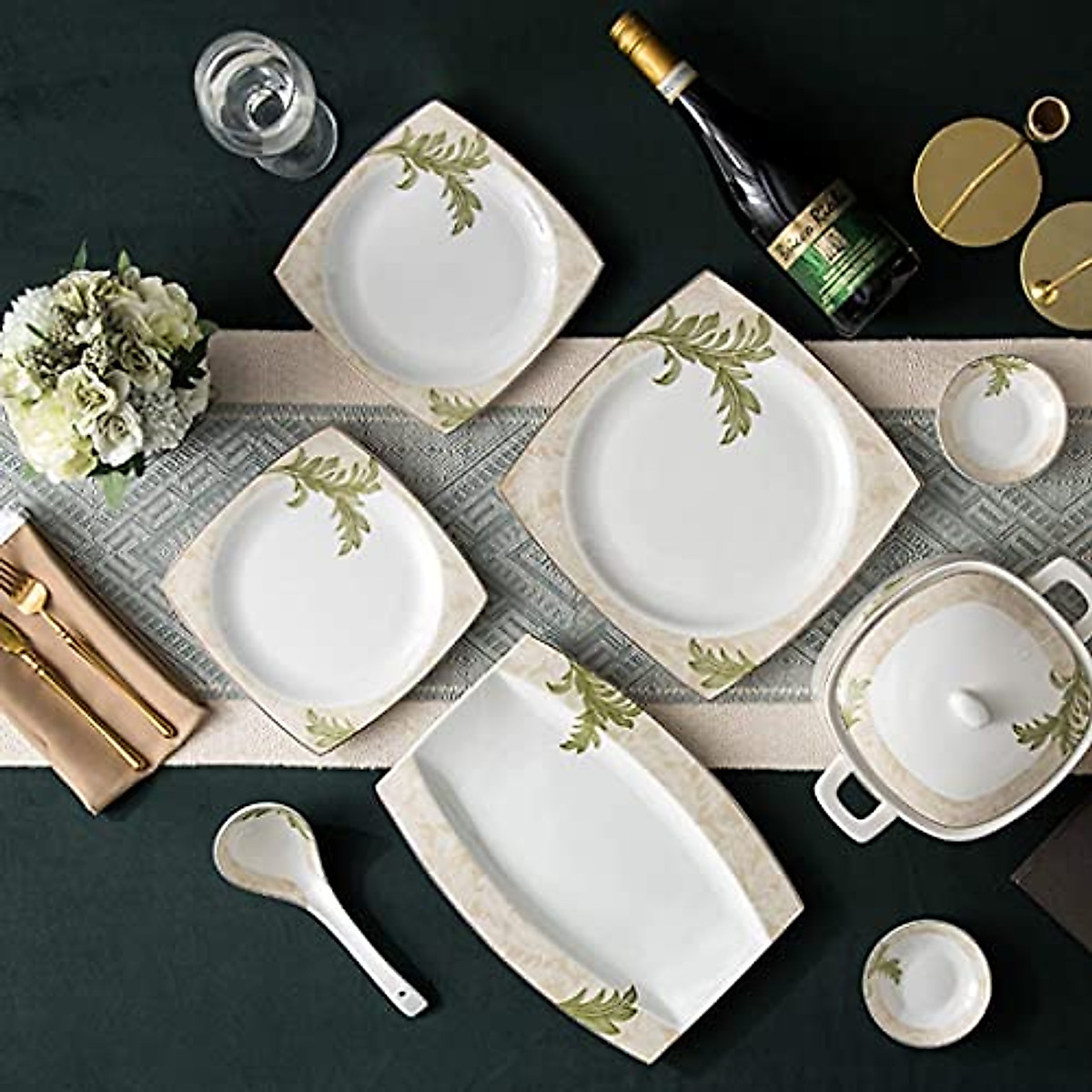 Porcelain Dinner Service,Stylish Ceramics Dinner Sets, Cereals Bowl & Soup Pot & Plate | 58 Pieces Bone China Dinnerware Set for Wedding Gifts and Family Gathering