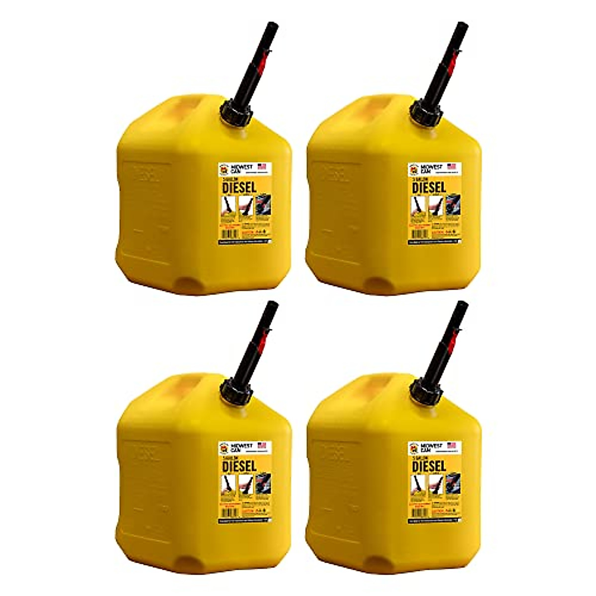 Midwest Can Company 8610 EPA & CARB Compliant 5 Gallon Diesel Can Fuel Container with Flame Shield Safety System and Auto Shut Off (4 Pack)