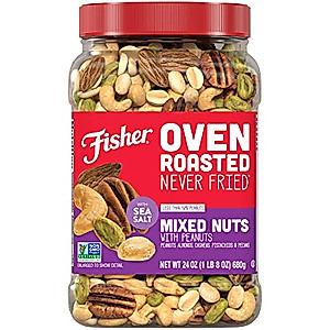 Fisher Snack Oven Roasted Never Fried Mixed Nuts with Peanuts, 24 Ounces, Peanuts, Almonds, Cashews, Pistachios, Pecans, Made With Sea Salt, Non-GMO, No Oils, Artificial Ingredients or Preservatives