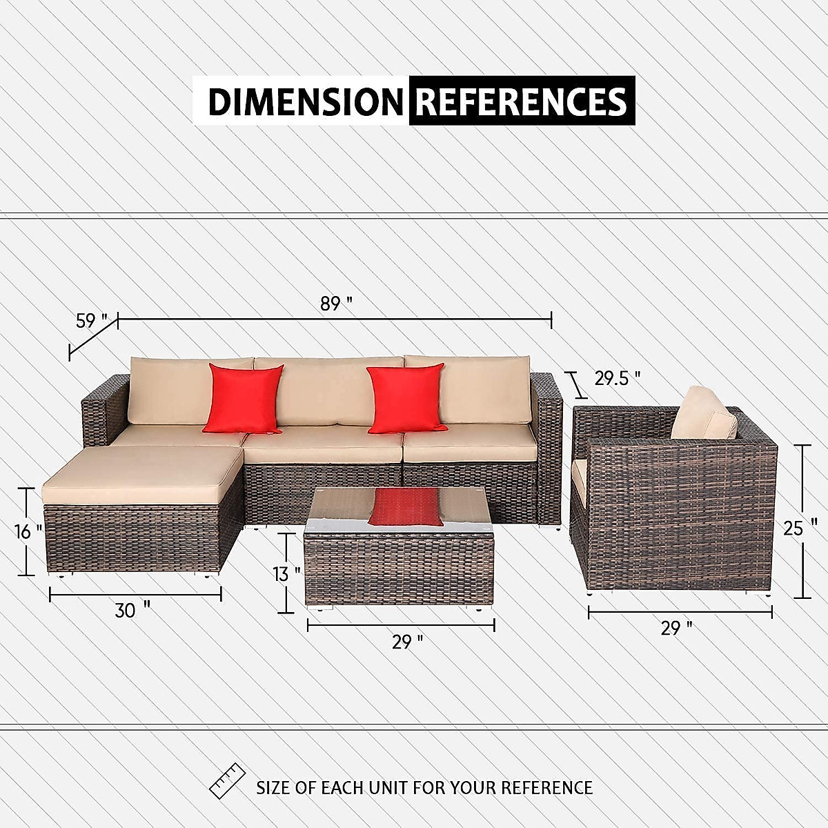 Incbruce 6 Piece Outdoor Patio Sofa Set, PE Rattan Wicker Patio Furniture Set All-Weather Patio Conversation Set with Glass Table and Removable Cushions (Brown)