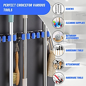Broom Holder Mop Hanger Wall Mount, Broom Organizer Storage Tool Racks, Mop and Broom Holder, Wall Mounted Organizer with 6 Slots & 3 Hooks, Wall Mounted Garden Tool Rack Organizer for Home Garage