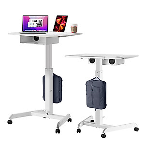 AVLT 44" Height Adjustable Foot Pedal Rolling Desk with Shelf (3 ft 8 inches) - Pneumatic Laptop Standing Desk Cart - Mobile Laptop Cart - White Computer Projector Cart with Brake Casters