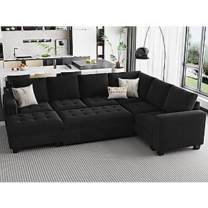 Belffin Modular Sectional Sleeper Sofa with Pull Out Bed U Shaped Sectional Sofa Couch with Storage Ottoman Velvet Covertible 7-Seater Sofa for Living Room Black
