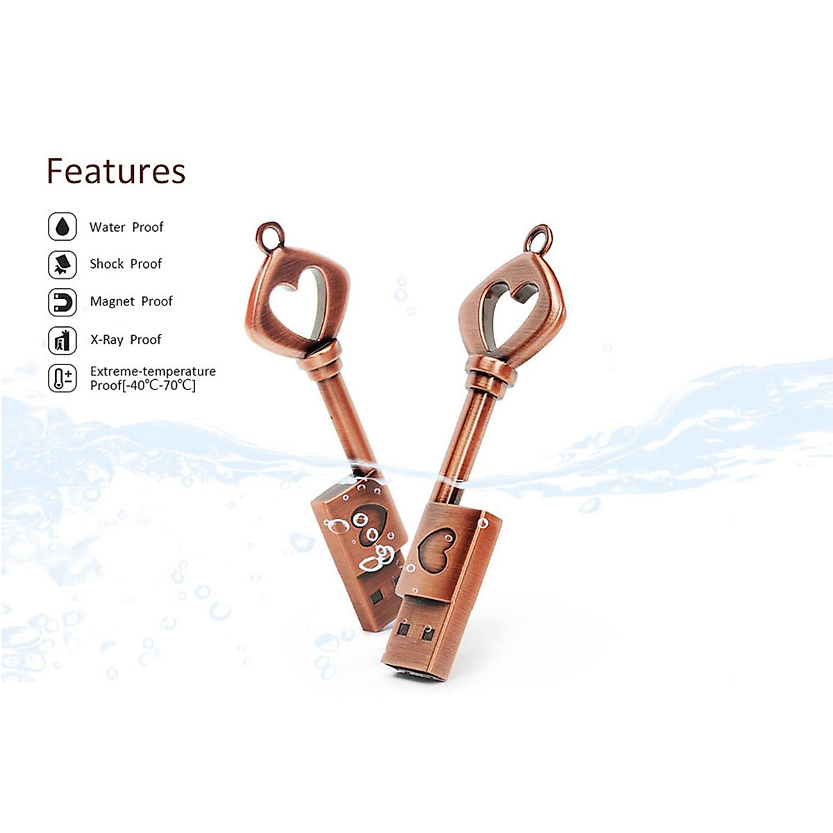 CHUYI Metal Heart Key Shape 1Pcs 64GB USB 2.0 Flash Drive Waterproof Pen Drive Memory Stick USB Flash Disk with Keychain Thumb Drive Gift