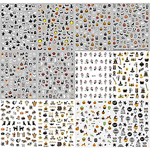 12 Sheets Halloween Nail Art Stickers Decals Self-Adhesive Pegatinas Uñas Cute Ghost Hat Castle Cat Skull Bat Nail Supplies Nail Art Design Decoration Accessories