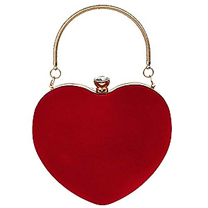 LABANCA Women Ladies Heart Shape Handbag Clutch Suede Party Bag Solid Evening Bag Velvet Chain Shoulder Bag Red