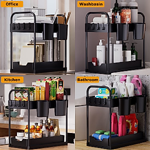Under Sink Organizers and Storage, 2-Tier Sliding Under Cabinet Bathroom Storage with Hooks, Hanging Cup, Handles, Multi-Purpose Under Sink Organizer for Bathroom Kitchen, Black, 2Pack