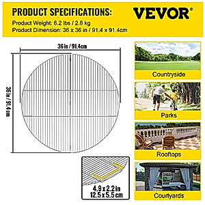 VEVOR Fire Pit Grates, Foldable Round Cooking Grate, Stainless Steel Tight Grid Campfire BBQ Grill with Portable Handle for Outdoor Picnic Party & Gathering, Silver (36 inch-With Handle)