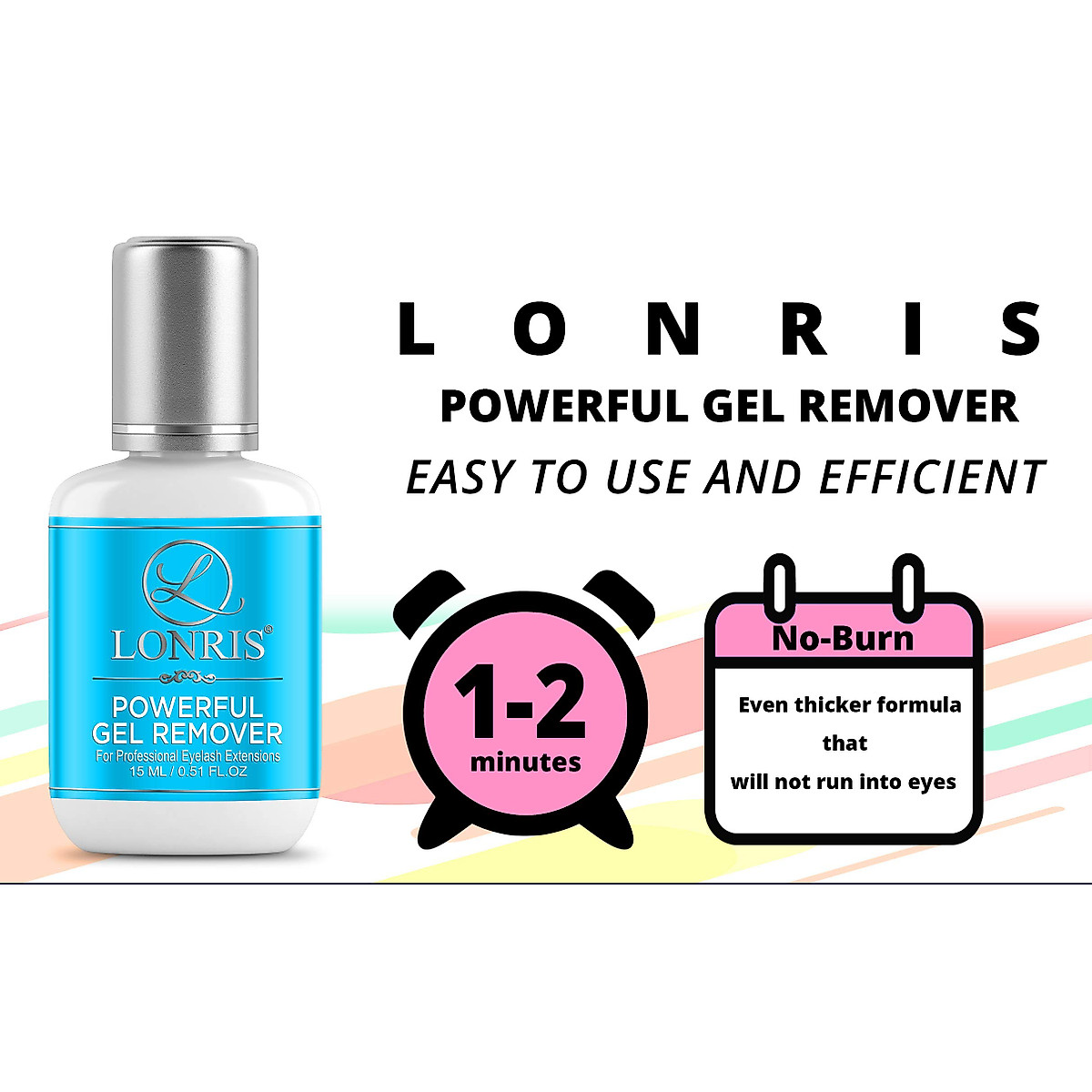 Fast GEL REMOVER for Eyelash Extension Glue LONRIS 15 ml No-Burn / 1-2 minutes - Lash Adhesive Dissolution time/Thick consistency/Blue Color Lash Supplies/no Odor Eyelash Supply