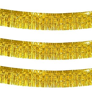 Blukey 10 Feet Long Roll Metallic Fringe Garland (Set of 3) Gold Tassel Foil Banner - Party Supplies for Parade Floats, Fiesta Backdrop, Patriotic Decorations, Wedding, Birthday (Gold)