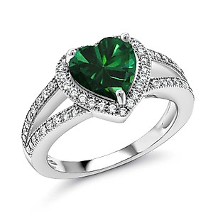 Gem Stone King 925 Sterling Silver Green Nano Emerald and White Moissanite Ring For Women | 1.51 Cttw | Gemstone May Birthstone | Heart Shape 8MM | Available In Size 5,6,7,8,9