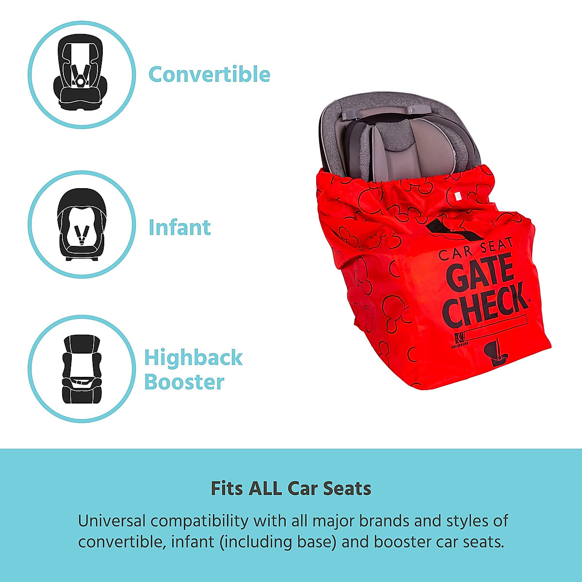 Disney Baby by J.L. Childress Gate Check Bag for Car Seats - Fits ALL Car Seats, Carriers & Booster Seats - Car Seat Bag for Air Travel - Red, Mickey Mouse