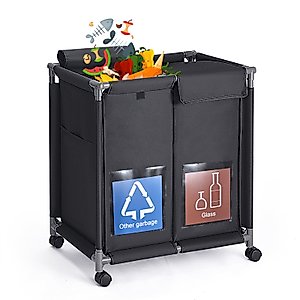 Generic 110L Large Recycling Bin with Lid,Recyclable Waste Trash Sorting Organizer for Kitchen with 2 Display Pockets