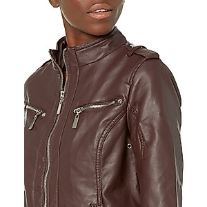 JOUJOU Women's Vegan Leather Jacket with Faux Fur Lining & Removable Fleece Inner Hoodie, Walnut, Small
