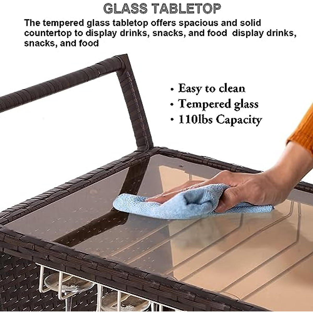 Seogwisam Outdoor Rolling Wicker Bar Cart,Rattan Serving Cart with Removable Ice Bucket,Glass Countertop,Goblet Wine Glass Holders and Storage Compartments, Wicker Bar Cart for Pool, Party, Backyard