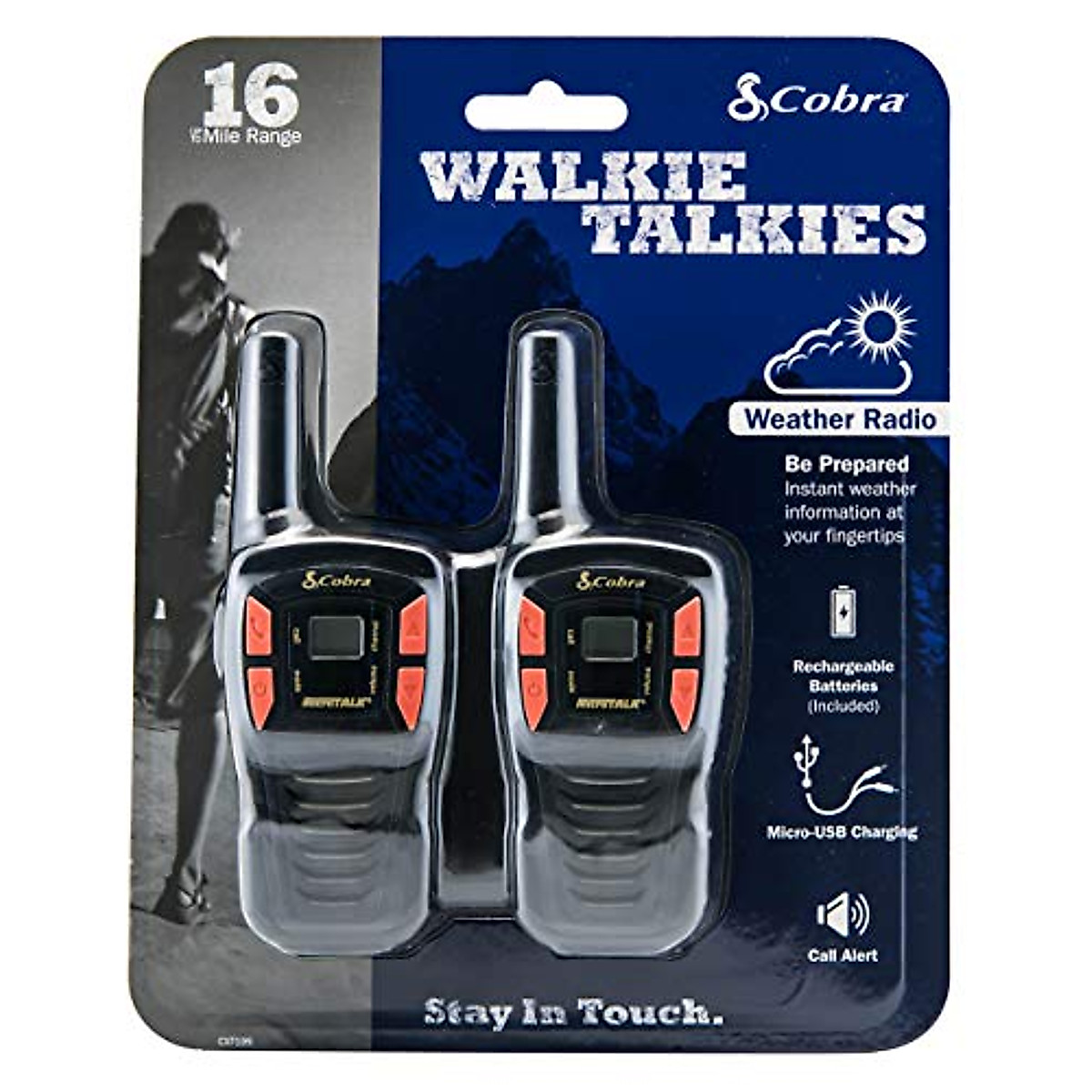 Cobra CXT195 16-Mile microTALK 2-Way Walkie Talkies 2 Pack, Black