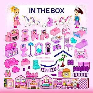 TOMLEON Dollhouse w/ Princesses, 4 Unicorns and Dog Dolls - Pink / Purple Dream House Toy for Little Girls - 4 Rooms w/ Garden, Furniture and Accessories - Girls Ages 3 - 6 (4 Princesses)