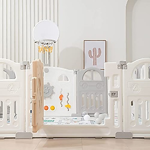 MERIT play Baby Playpen, Free-Installation Toddler Foldable Playpen with Basketball Hoop and Drawing Board for Kids, Adjustable Shape Safety Indoor Outdoor Portable Sturdy Play Yard(14 Panels)…