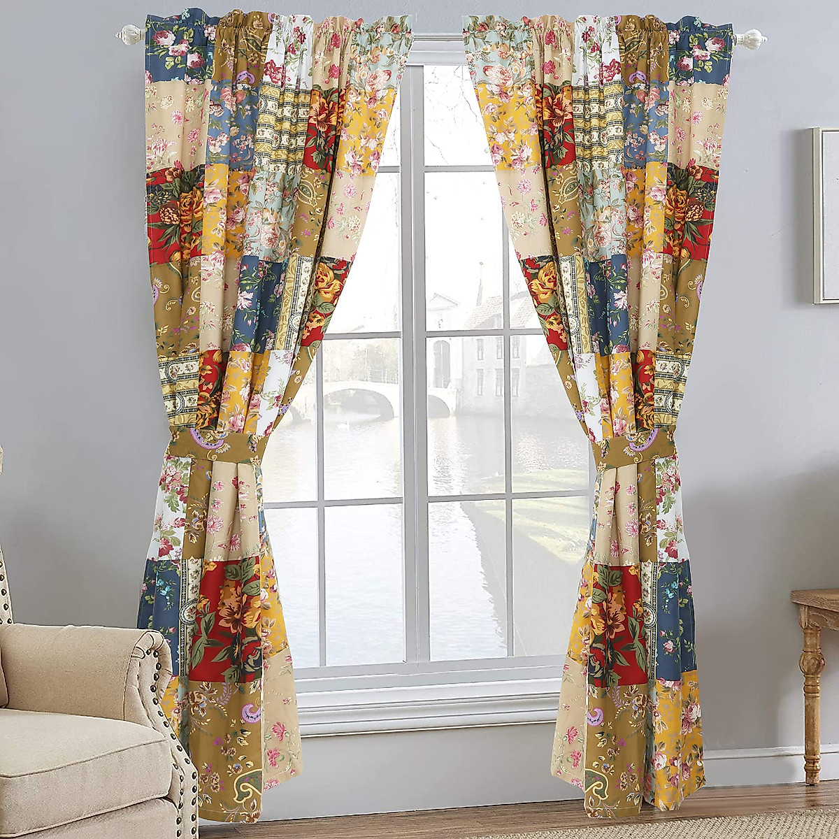 Cozy Line Home Fashions Ryleigh Country Garden Fall Flowers Paisley Plaid Patchwork Window Curtains with Tie Backs Set, 84" x 52", 2 Panels