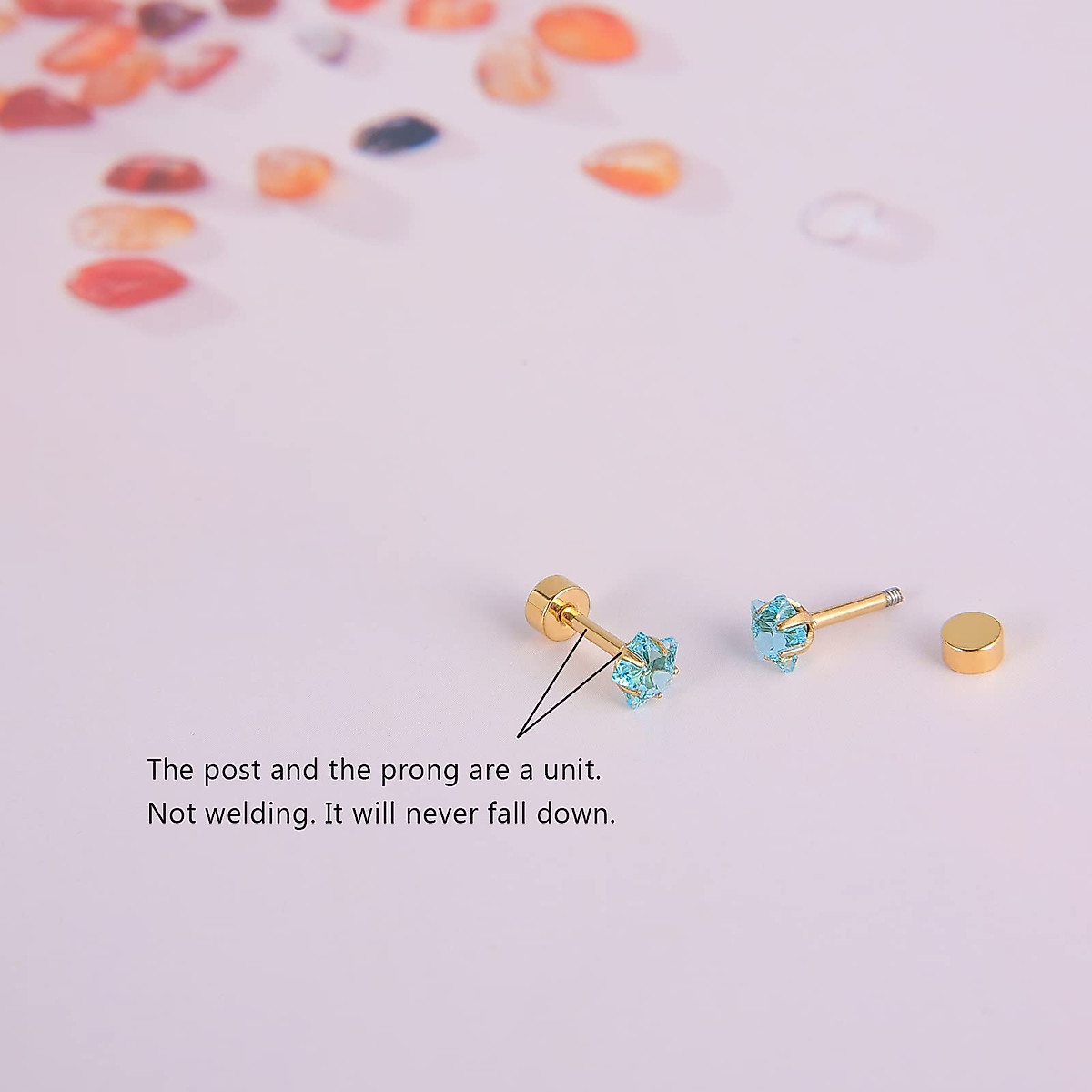 12 Pairs Flat Back Surgical Stainless Steel Stud Earrings, 18K Gold Plated Silver Screw Back Heart Star Round Cubic Zirconia CZ Birthstone Stud Earrings Set (Gold star 3mm)